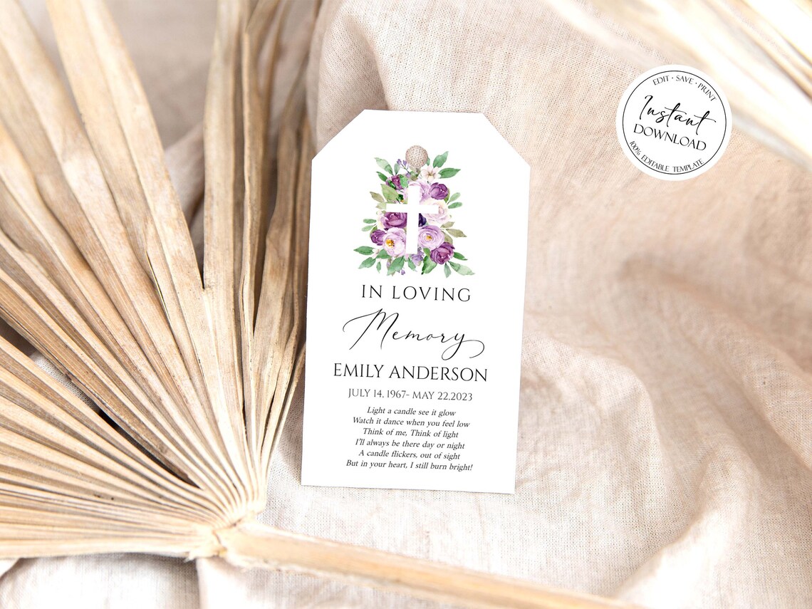 Celebration of Life Purple Funeral Favor Tag Template, Memorial Candle ...
