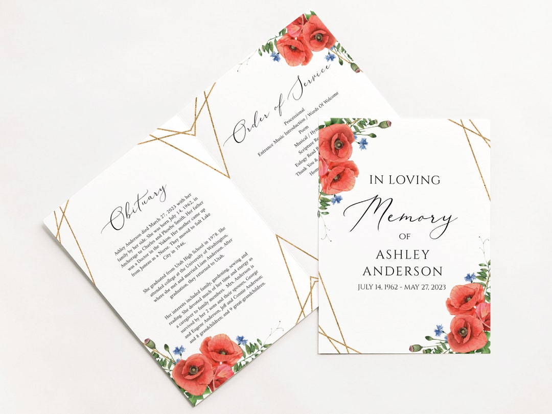 Celebration of Life Funeral Program Template, Red Poppies Funeral ...