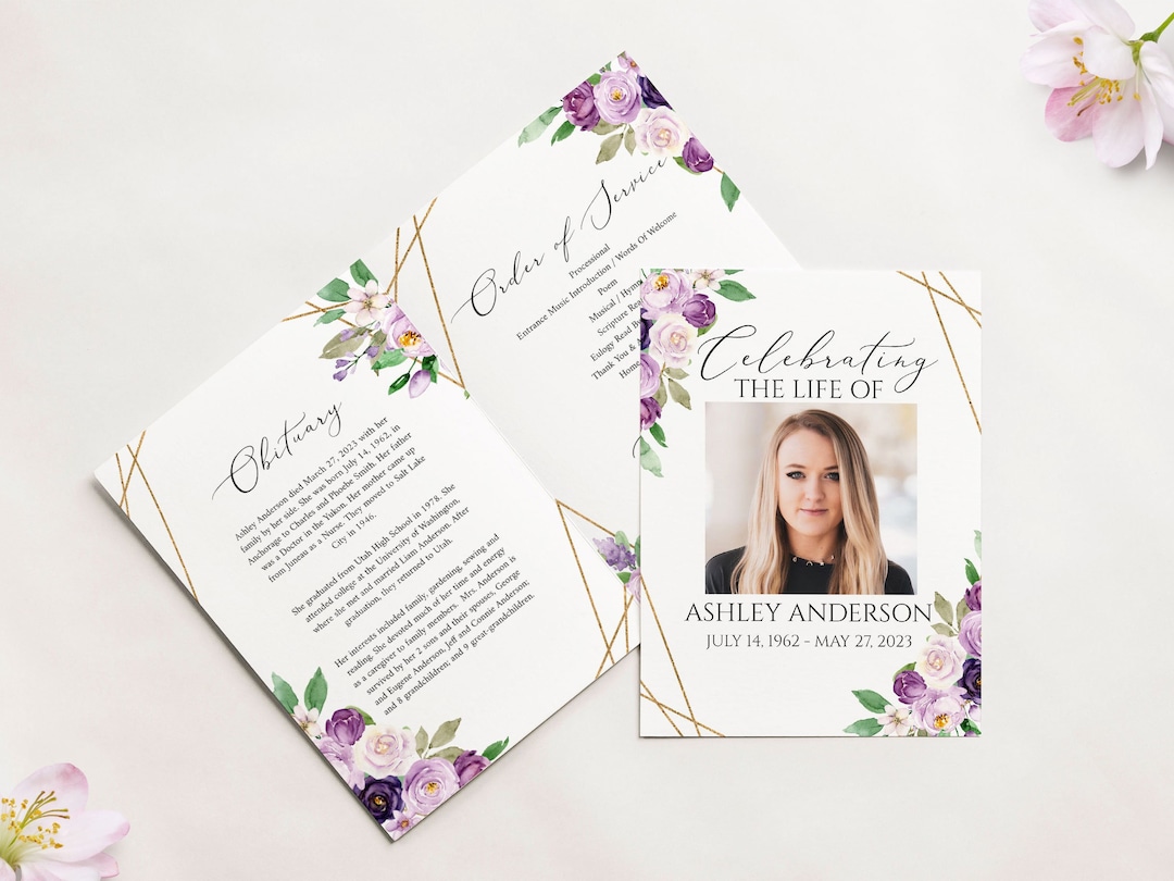 Celebration of Life Purple Funeral Program Template, Floral Purple ...