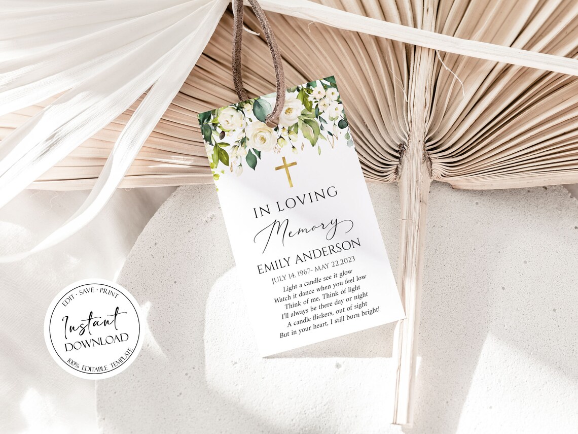 White Greenery Floral Funeral Favor Tag Template Memorial | Etsy