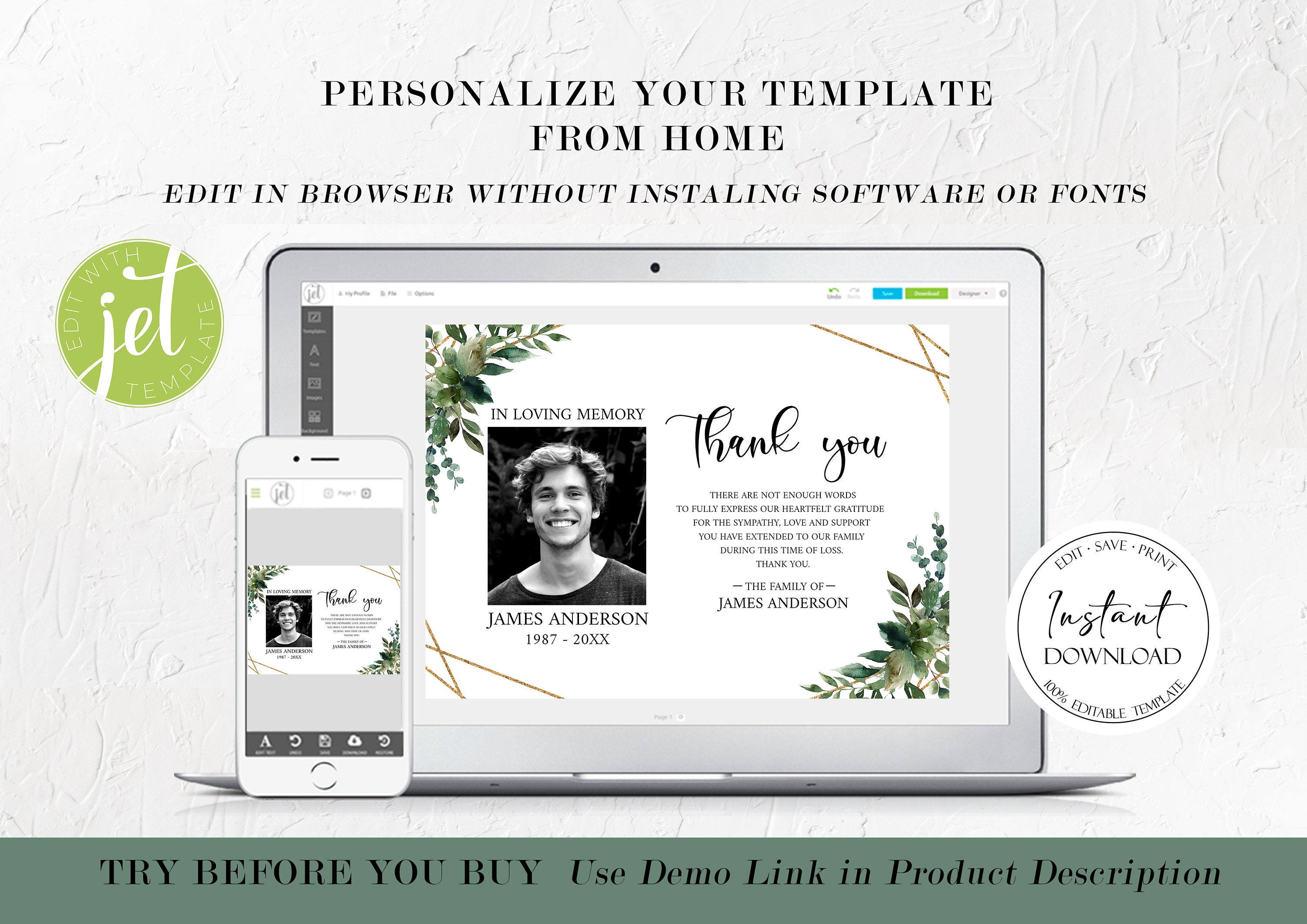 Printable Greenery Gold Funeral Thank You Card Template Celebration of ...