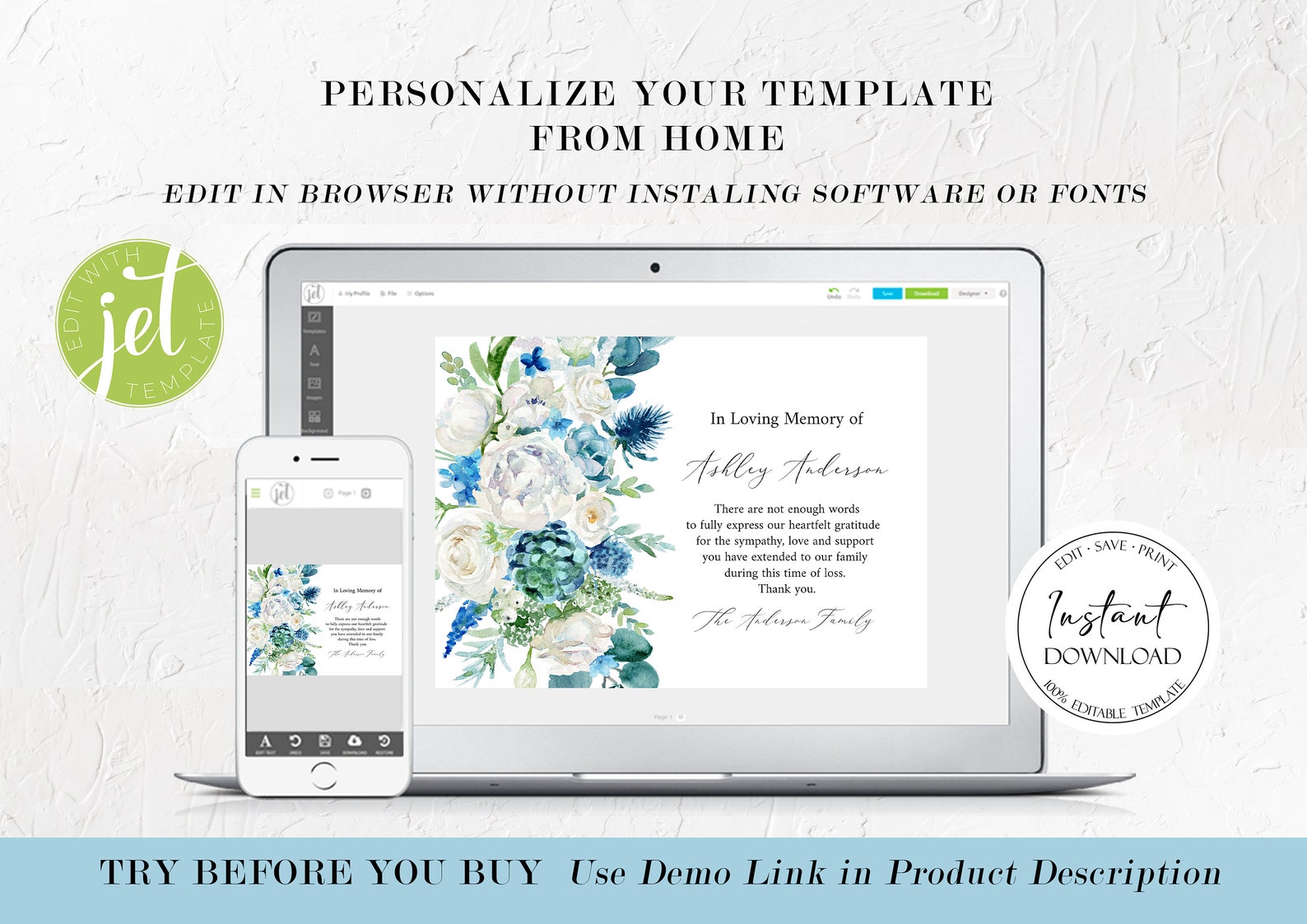 In Loving Memory of Sympathy Card Blue Flowers Funeral Thank | Etsy