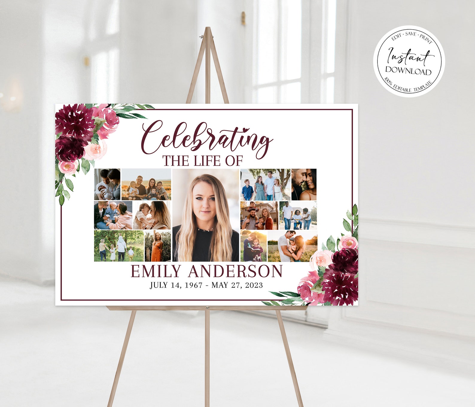 Celebration of Life Multiple Photos Funeral Welcome Sign, Editable Red ...