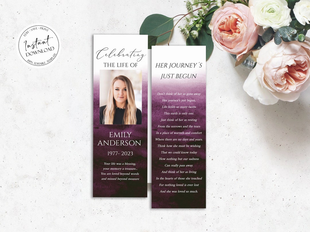 Purple Watercolor Funeral Bookmark Template, Celebration of Life ...