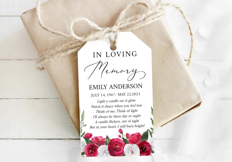 White Pink Roses Funeral Favor Tag Template Memorial Candle - Etsy