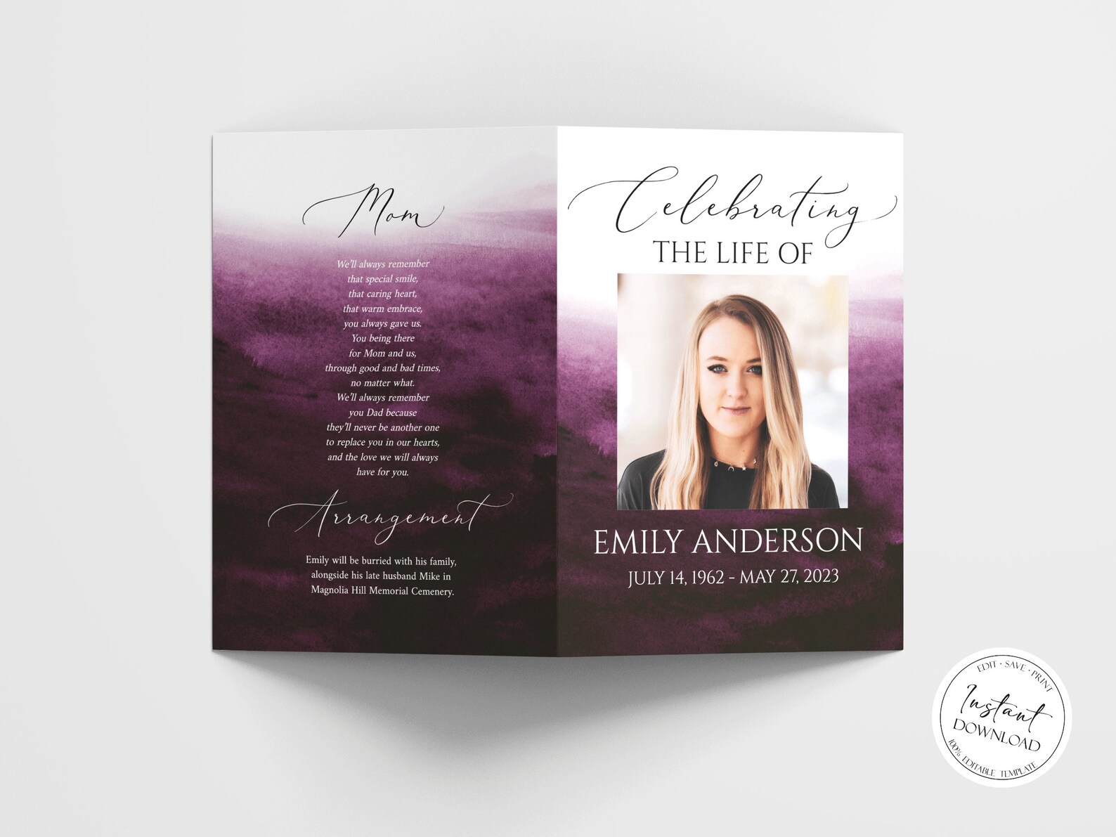 Celebration of Life Funeral Program, Purple Watercolor Funeral Program ...