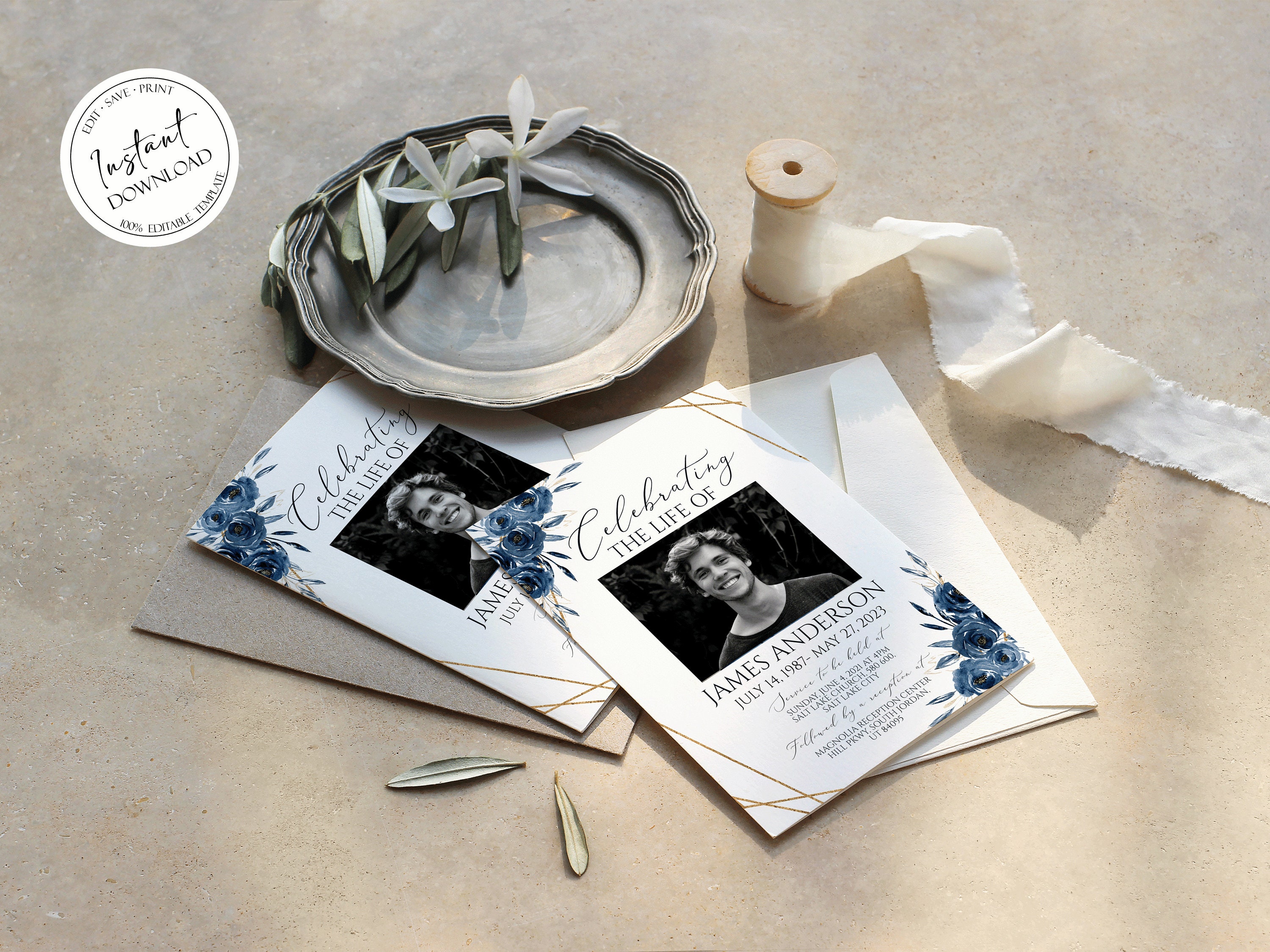 Celebration of Life Royal Blue Floral Funeral Invitation, Funeral ...