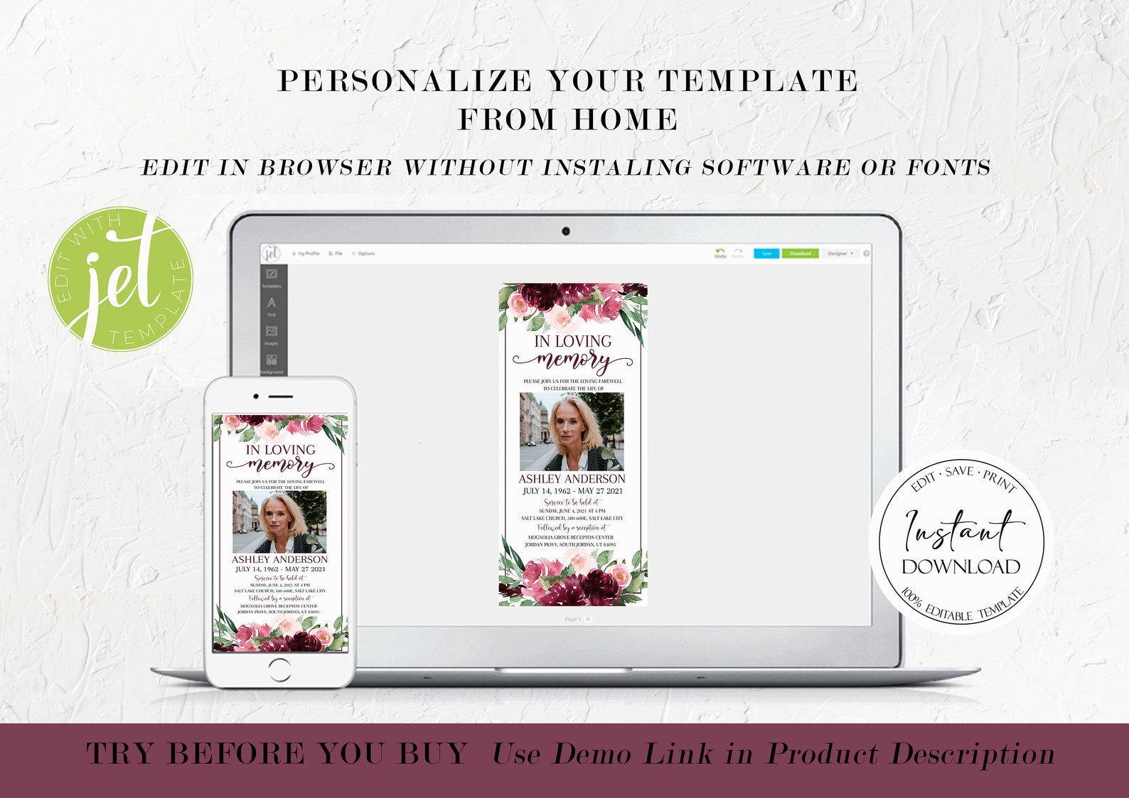 Celebration of Life Digital Funeral Invitation, Burgundy Funeral ...