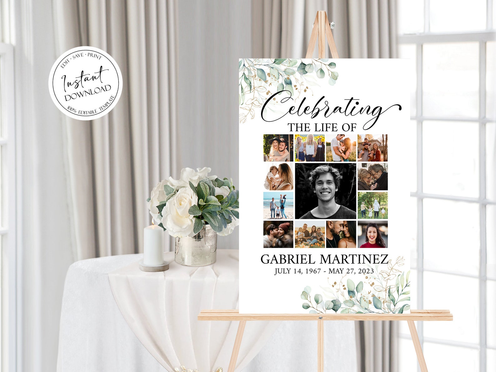 Celebration of Life Greenery Photo Collage Funeral Welcome Sign ...