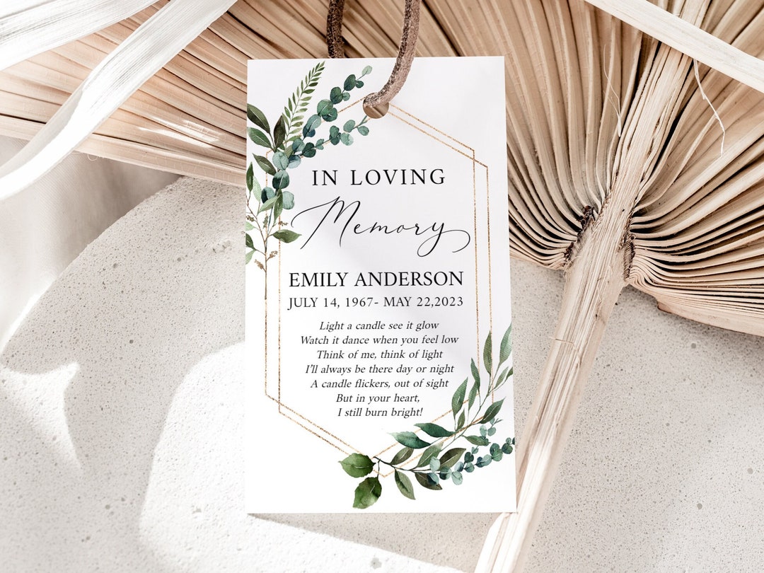 Greenery Gold Funeral Favor Tag Template Memorial Candle Favor Tag ...