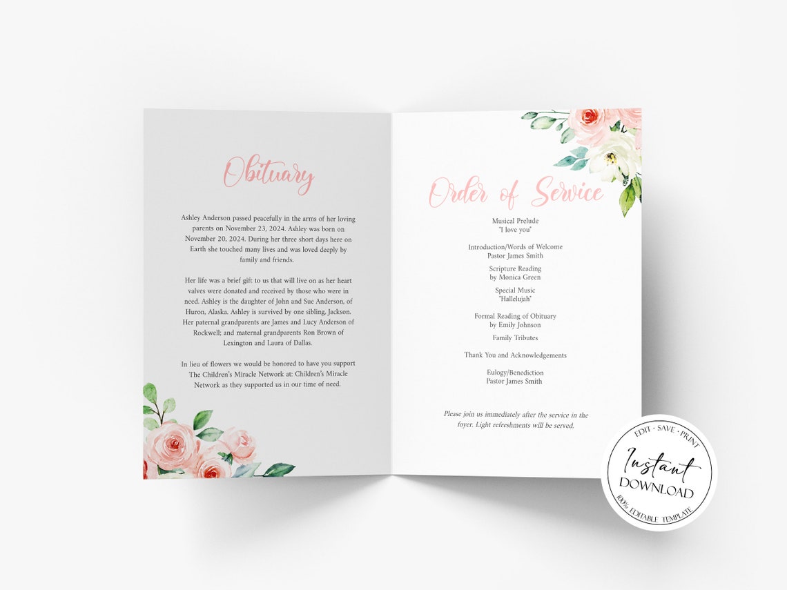 Baby Funeral Program Funeral Service Program Template for - Etsy