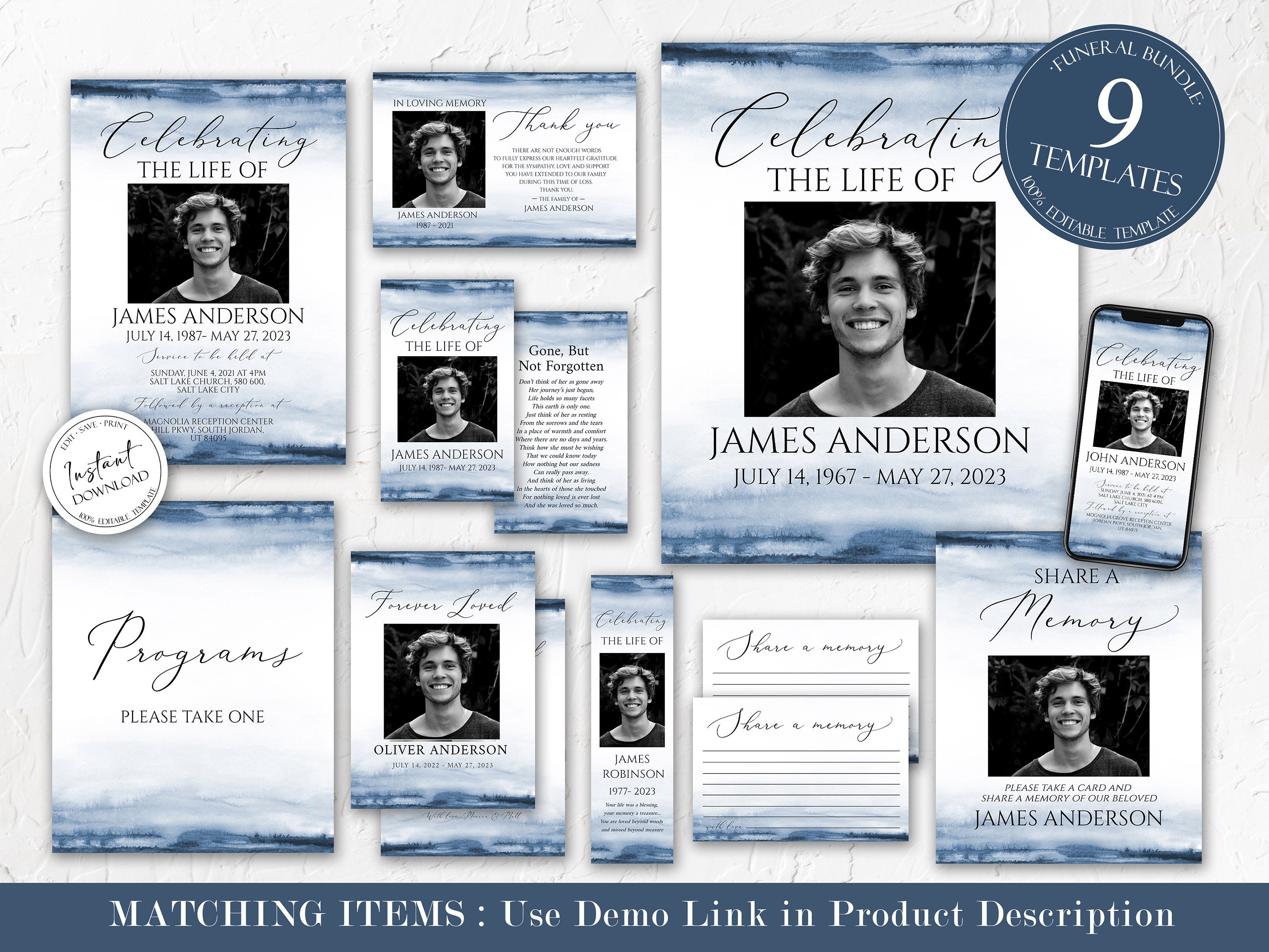 Blue Watercolor Celebration of Life Multiple Photos Funeral Welcome ...
