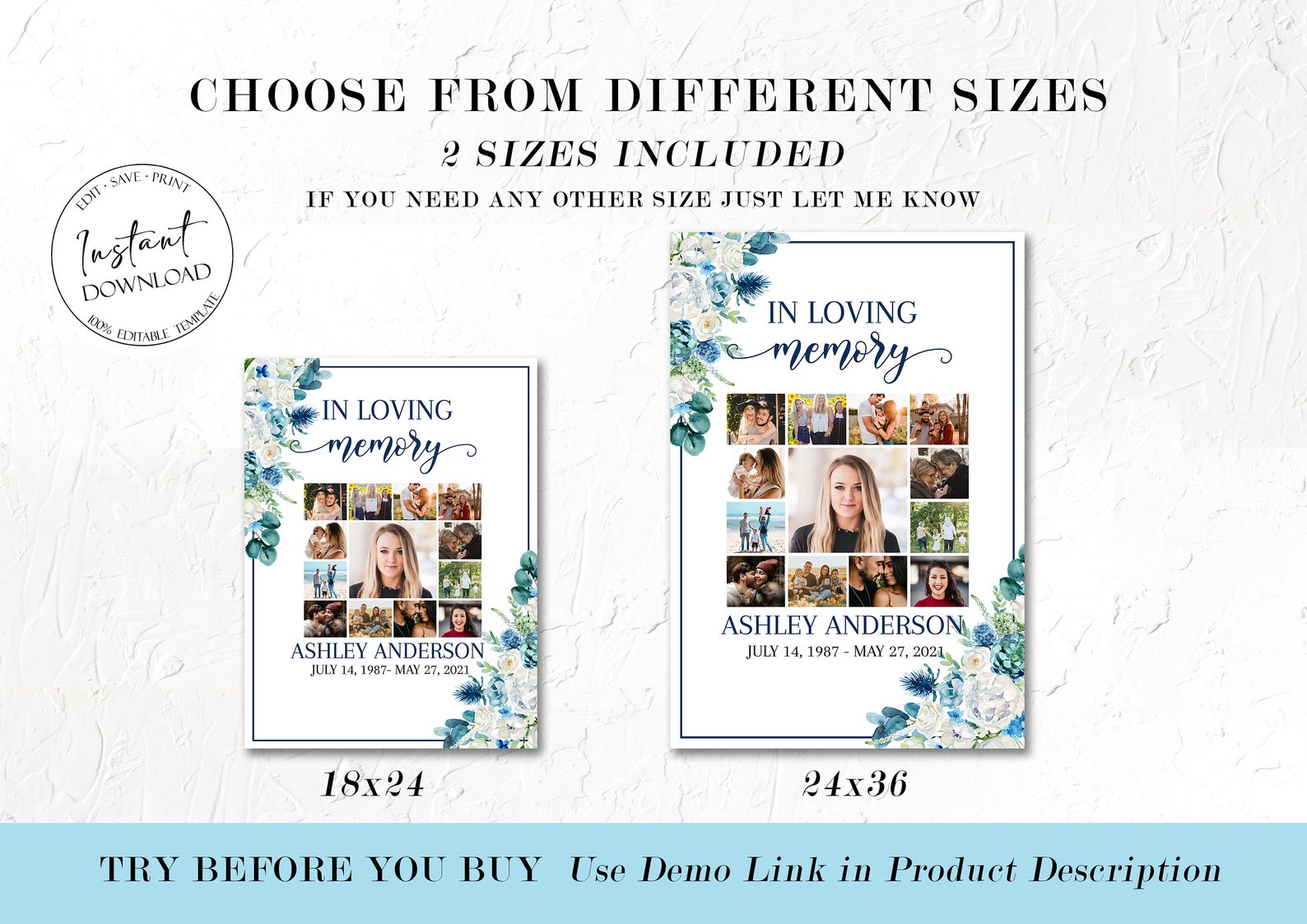 Celebration of Life Funeral Poster Editable Blue White Photo - Etsy