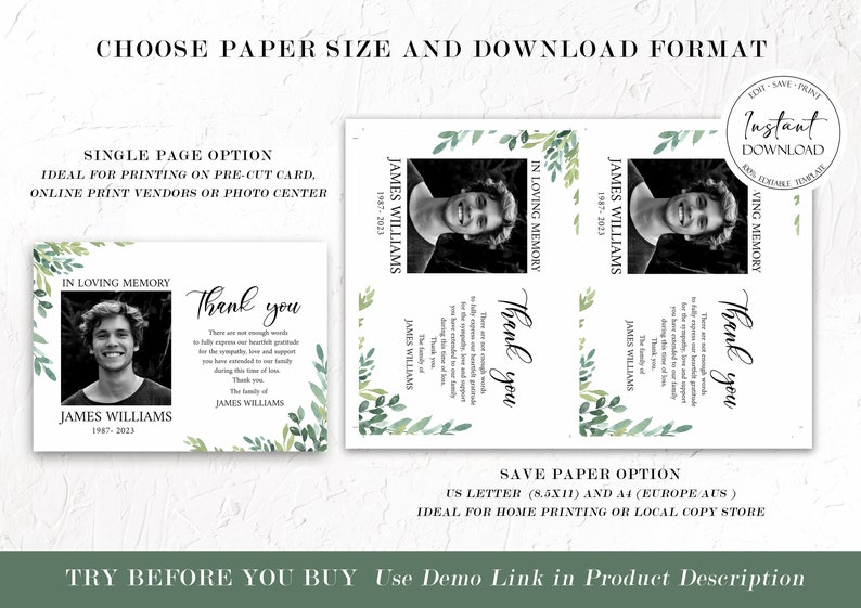 Greenery Funeral Thank You Card, Celebration of Life Funeral Photo ...