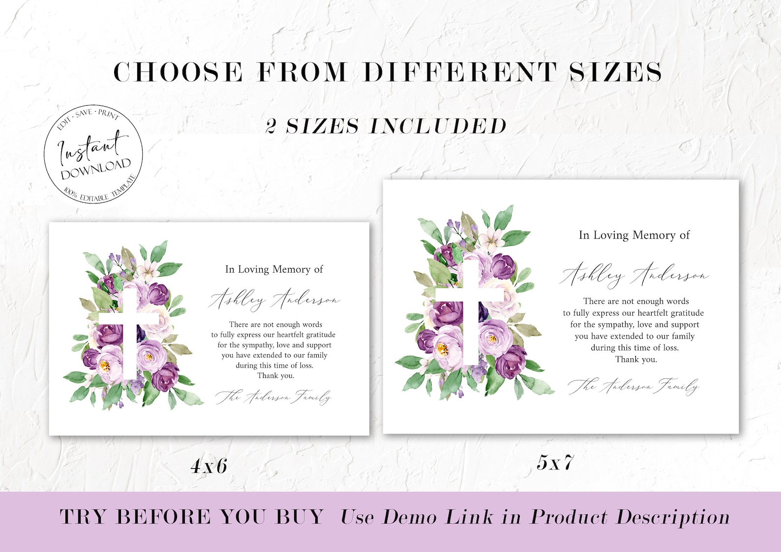 In Loving Memory of Funeral Thank You, Memorial Card, Printable Purple ...