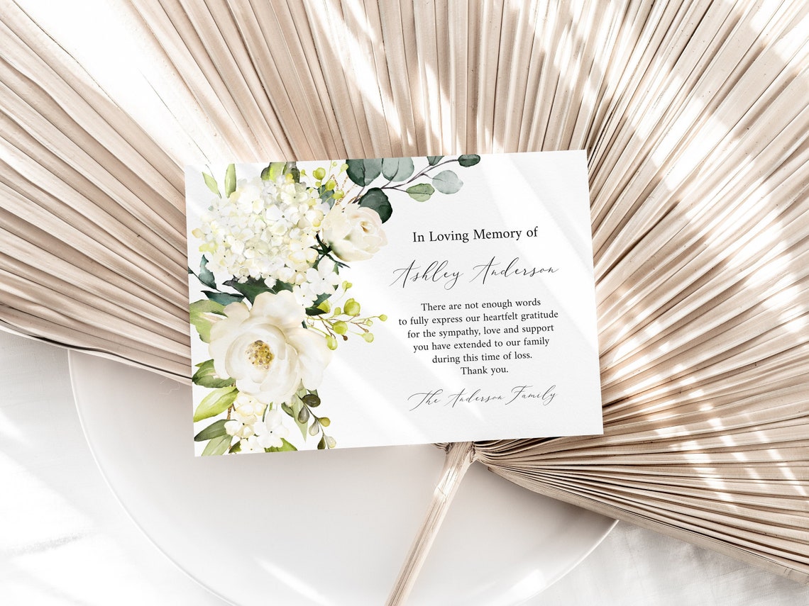 White Greenery Floral Funeral Thank You Cards, in Loving Memory of ...