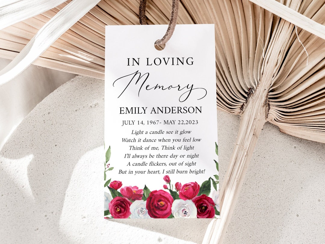 White Pink Roses Funeral Favor Tag Template, Memorial Candle Favor Tag ...