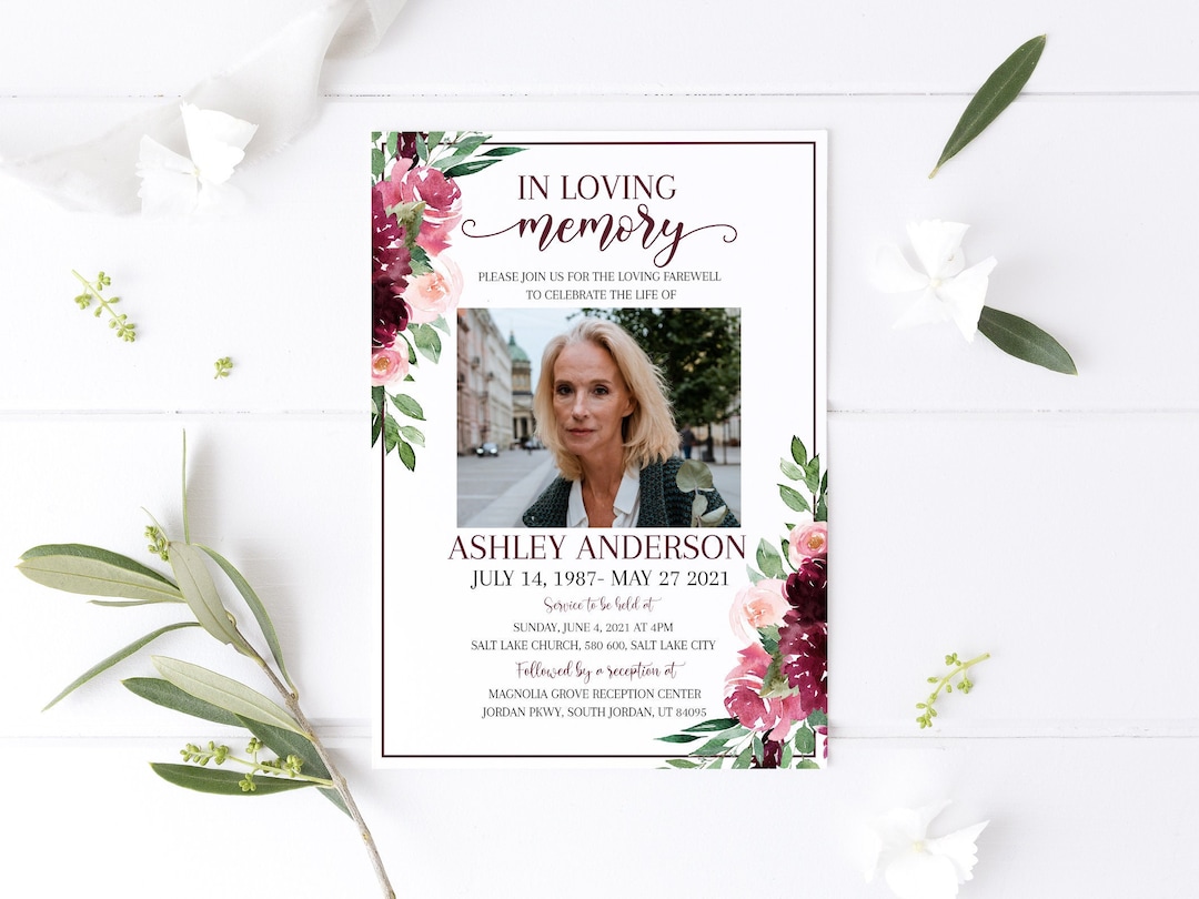 Celebration of Life Invitation, Burgundy Funeral Invitation Template ...