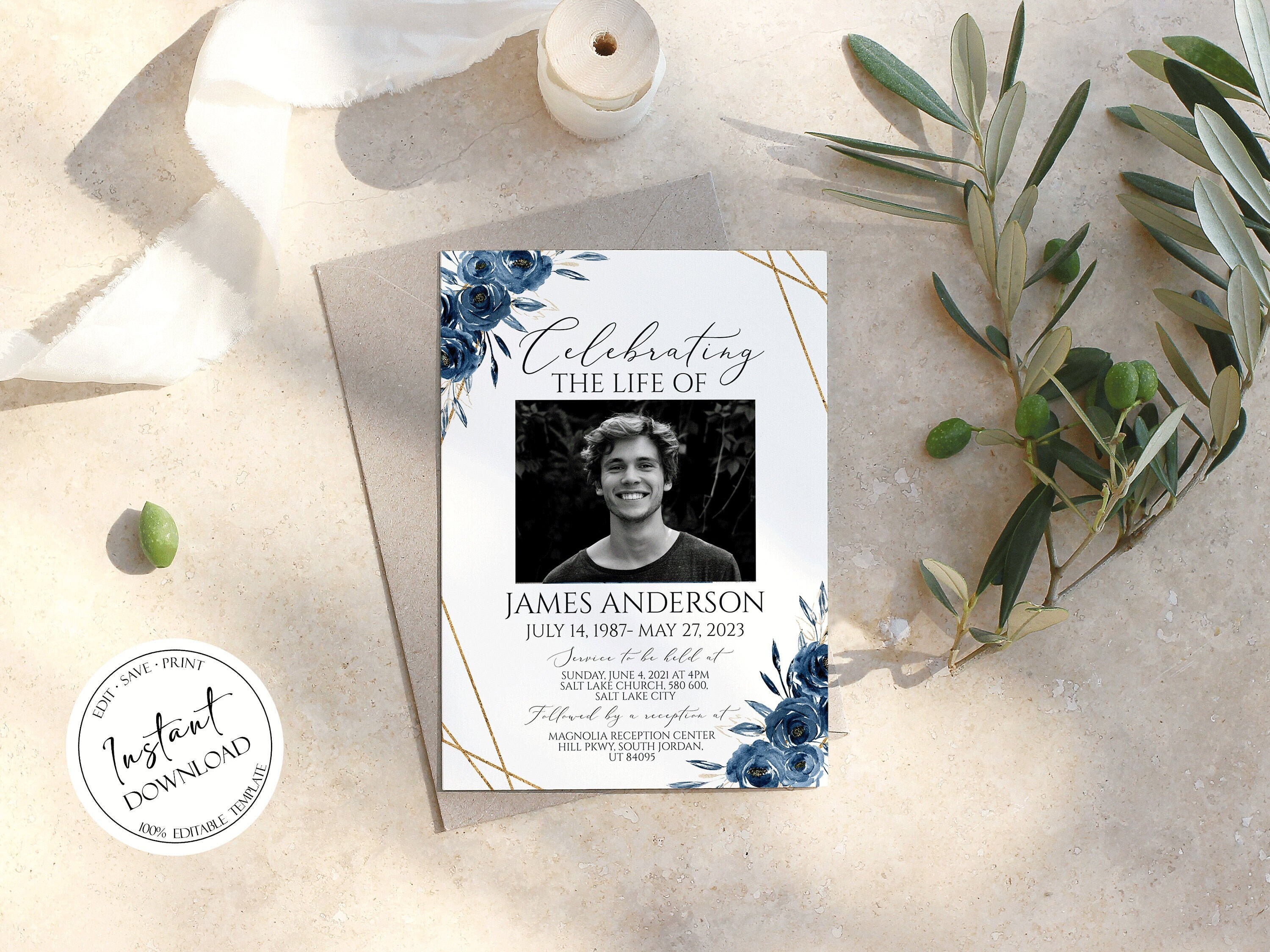 Celebration of Life Royal Blue Floral Funeral Invitation, Funeral ...