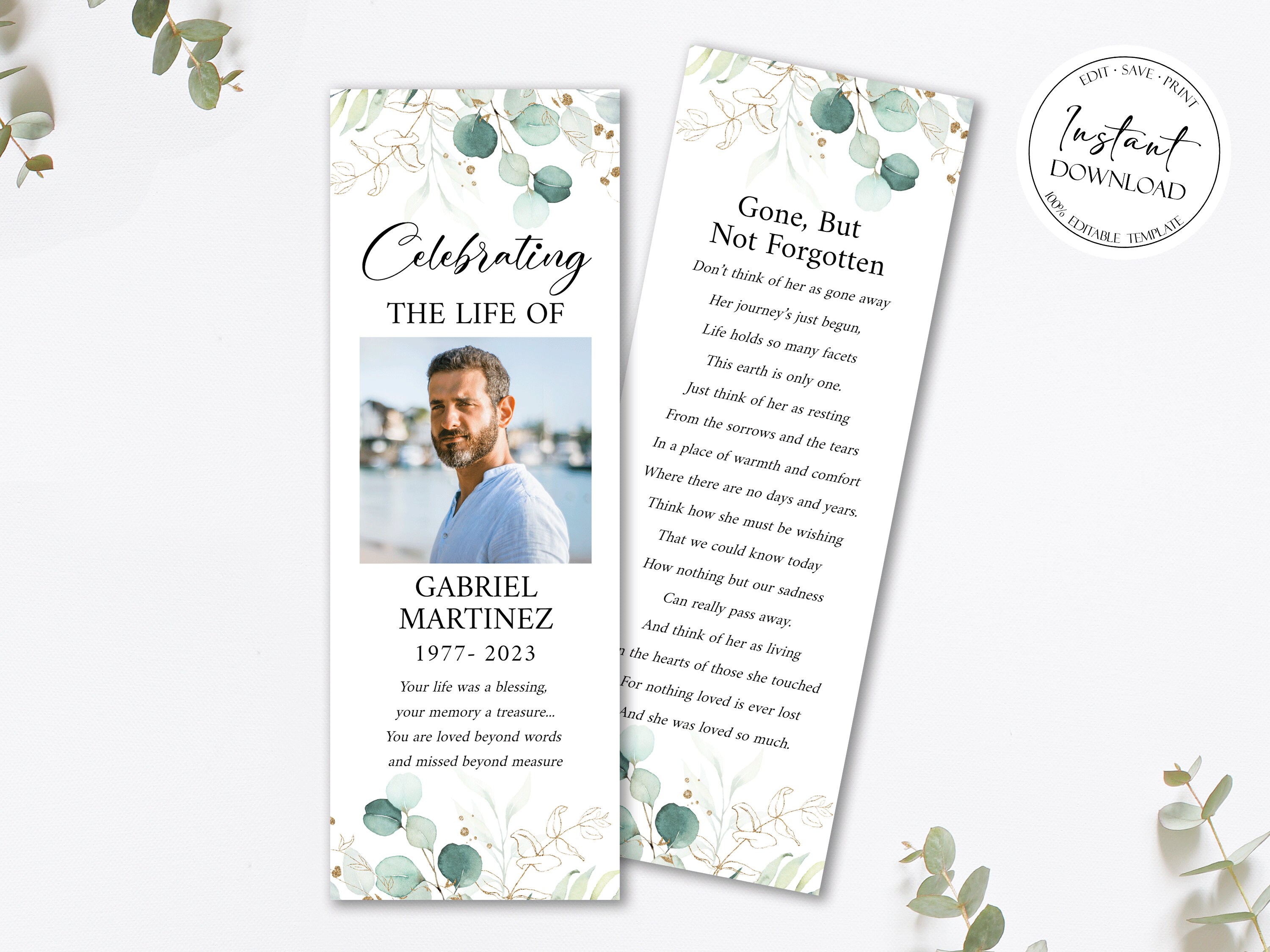 Greenery Funeral Bookmark Template Celebration of Life - Etsy