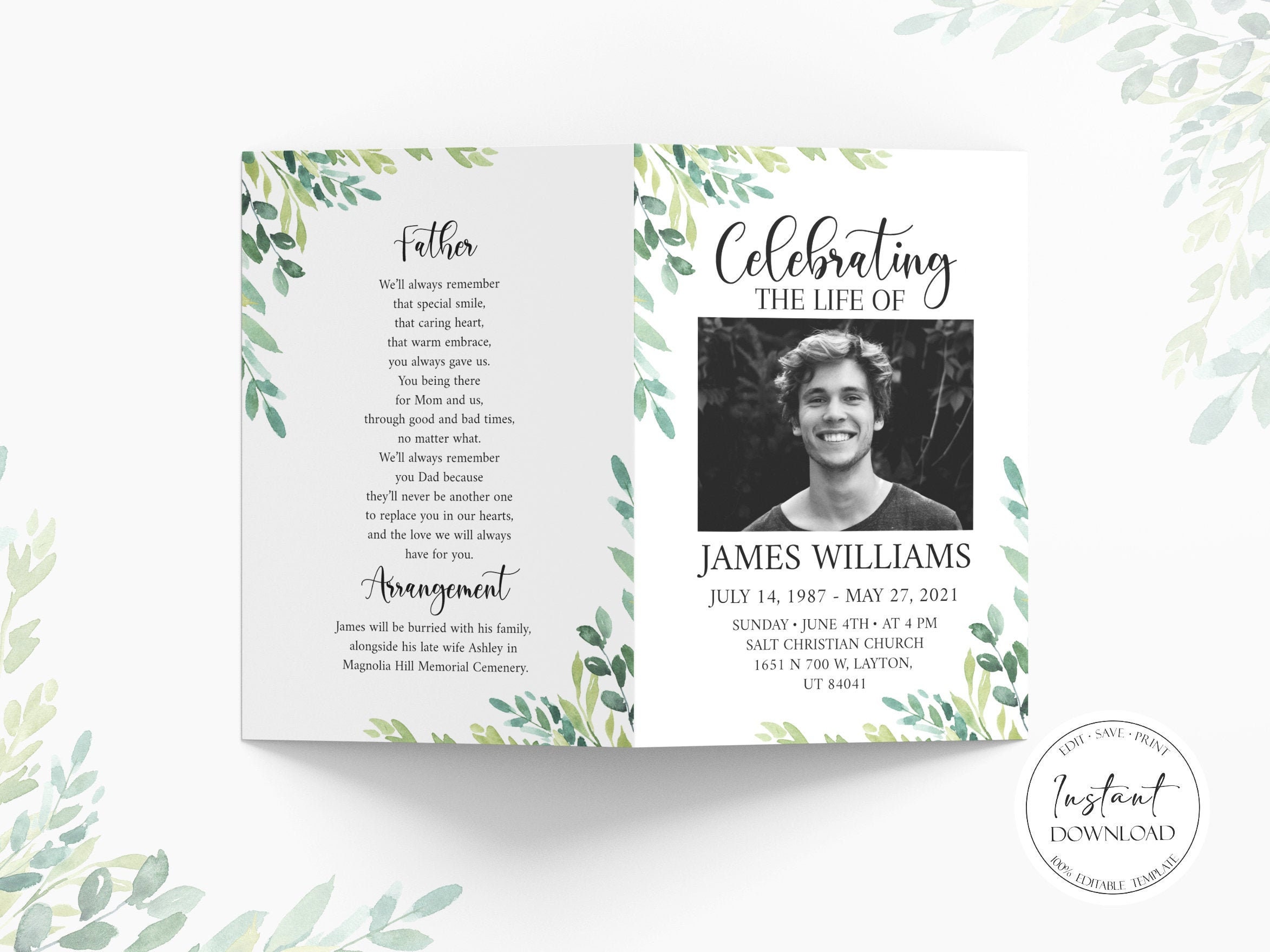 Celebration of Life Greenery Funeral Program Template, Greenery Funeral ...