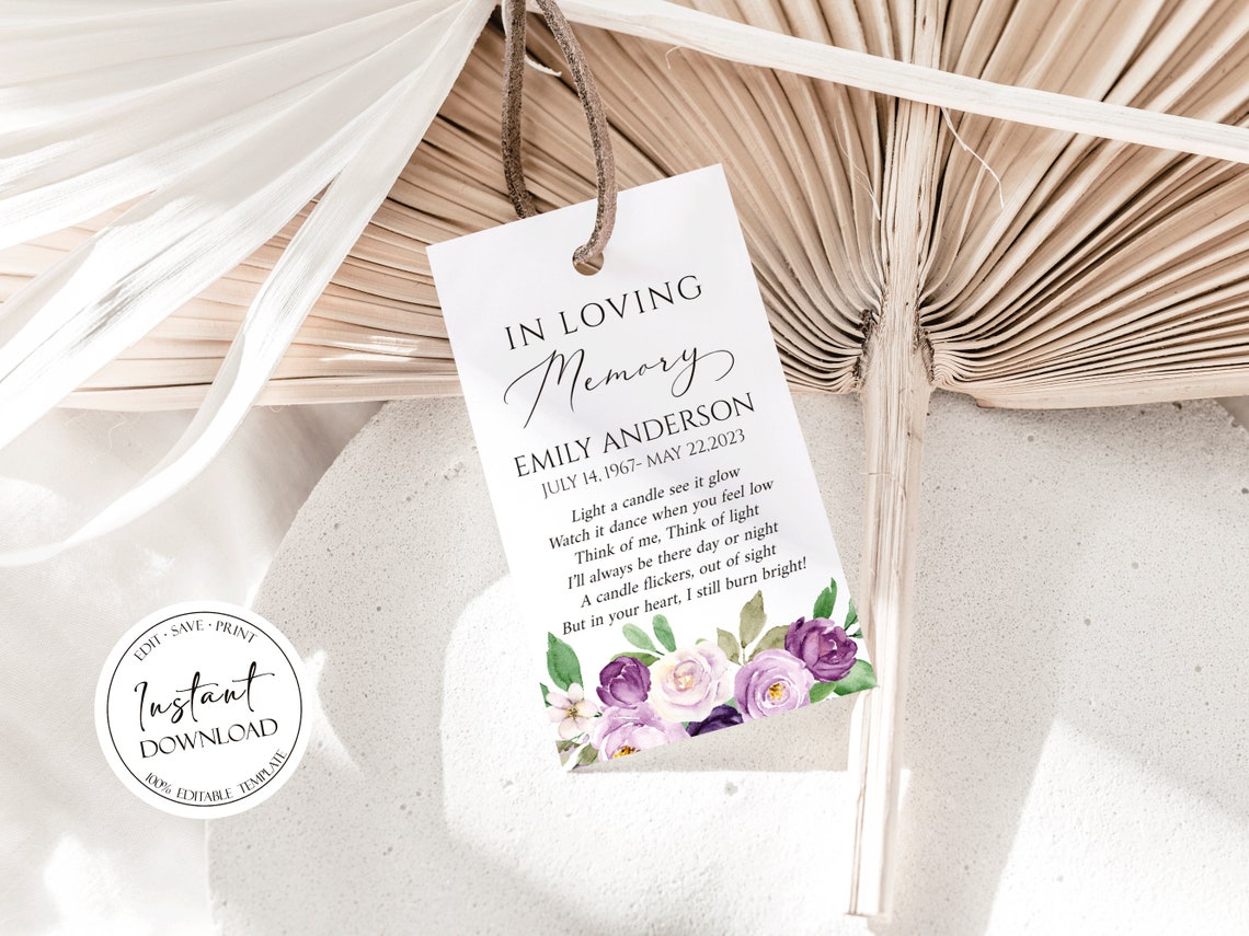 Celebration of Life Purple Funeral Favor Tag Template | Etsy