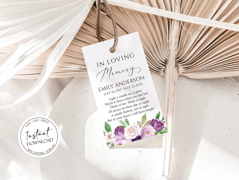 Celebration of Life Purple Funeral Favor Tag Template | Etsy