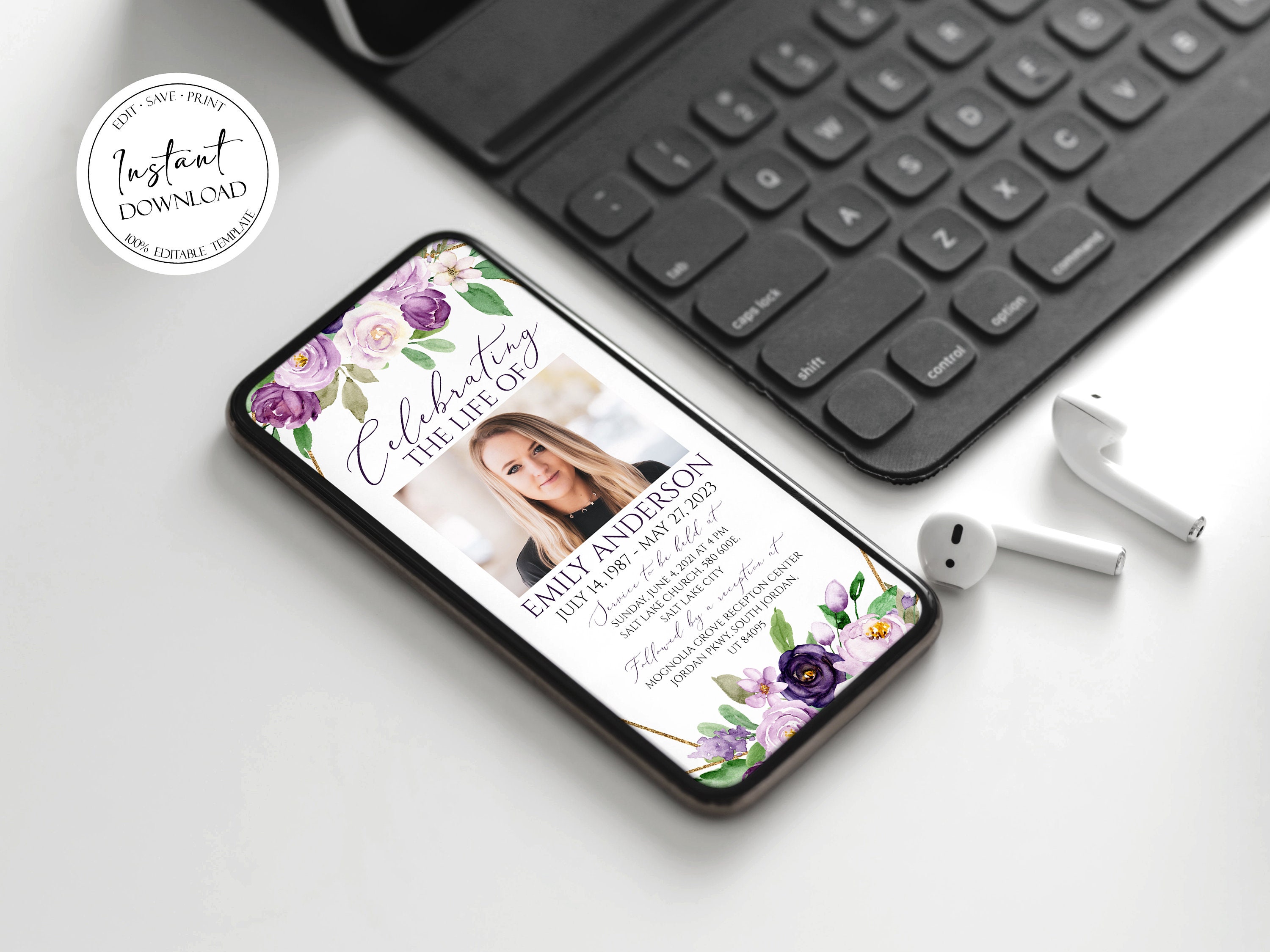 Digital Funeral Invitation, Floral Funeral Announcement, Memorial Evite ...