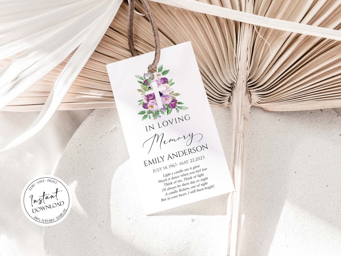 Celebration of Life Purple Funeral Favor Tag Template - Etsy