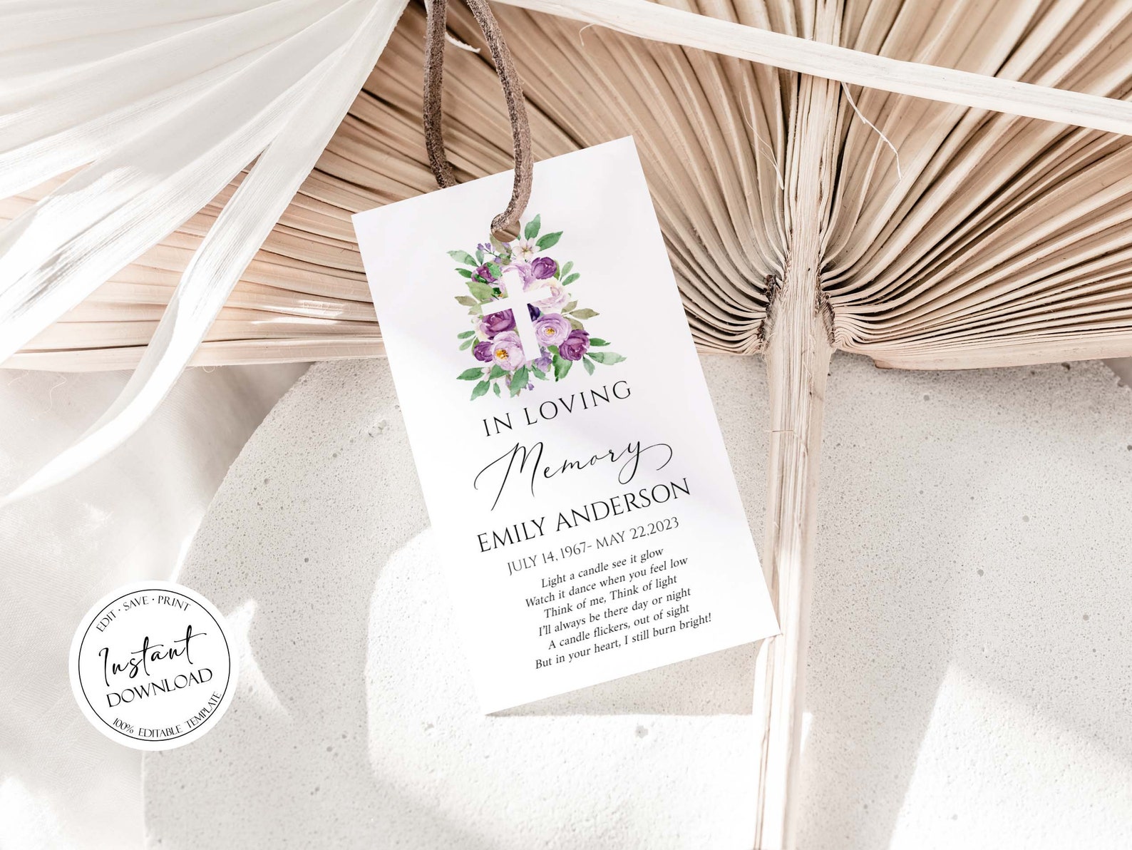 Celebration of Life Purple Funeral Favor Tag Template - Etsy
