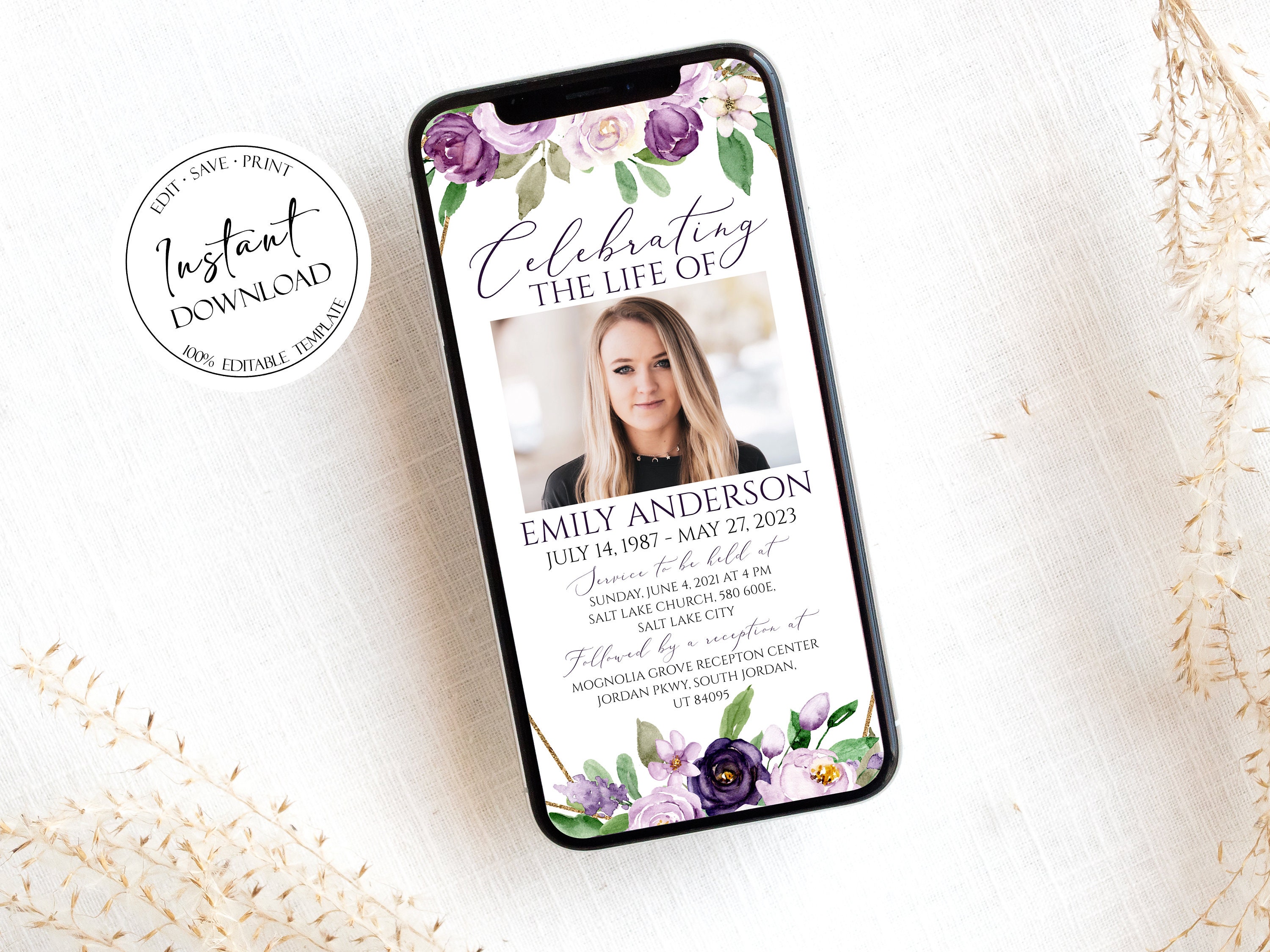 Digital Funeral Invitation, Floral Funeral Announcement, Memorial Evite ...