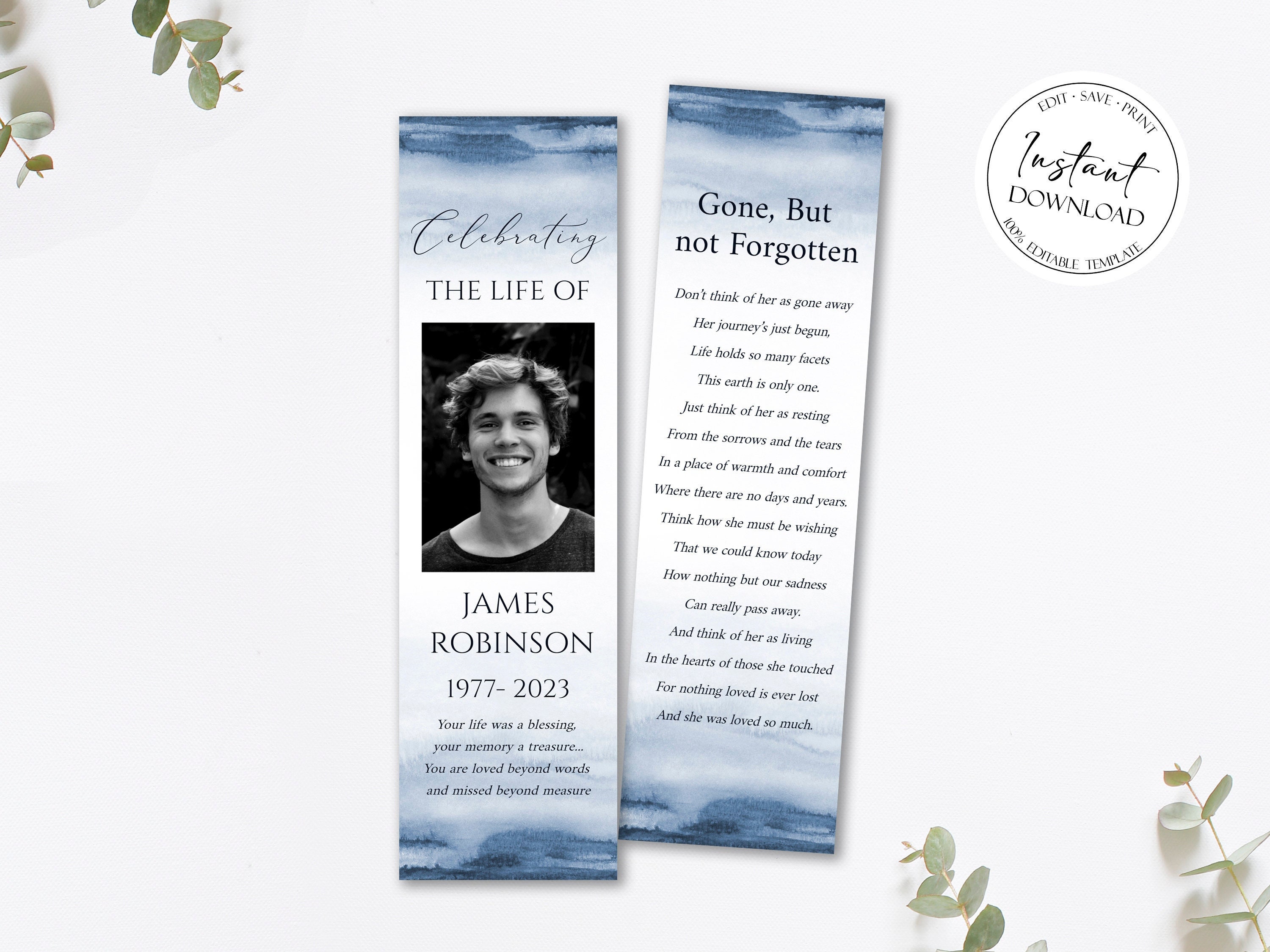 Celebration of Life Bookmark Blue Watercolor Funeral Bookmark Template ...