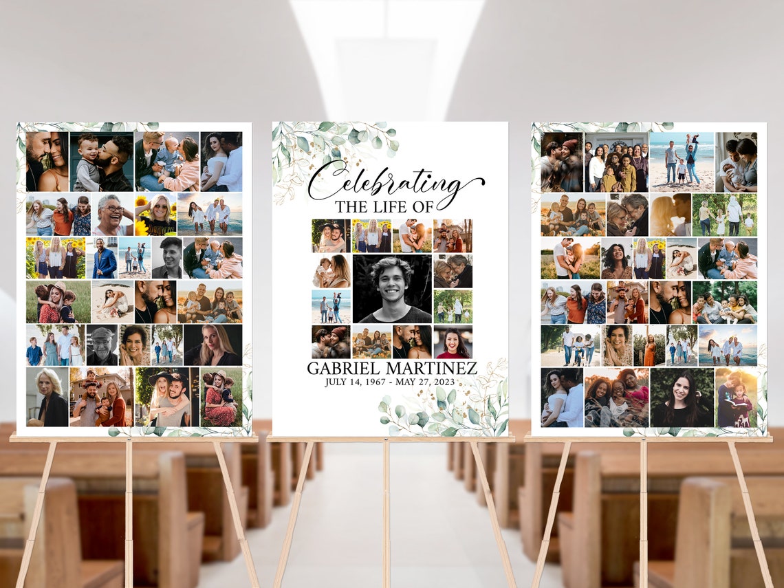 Celebration of Life Funeral Poster, Editable Greenery Photo Collage ...
