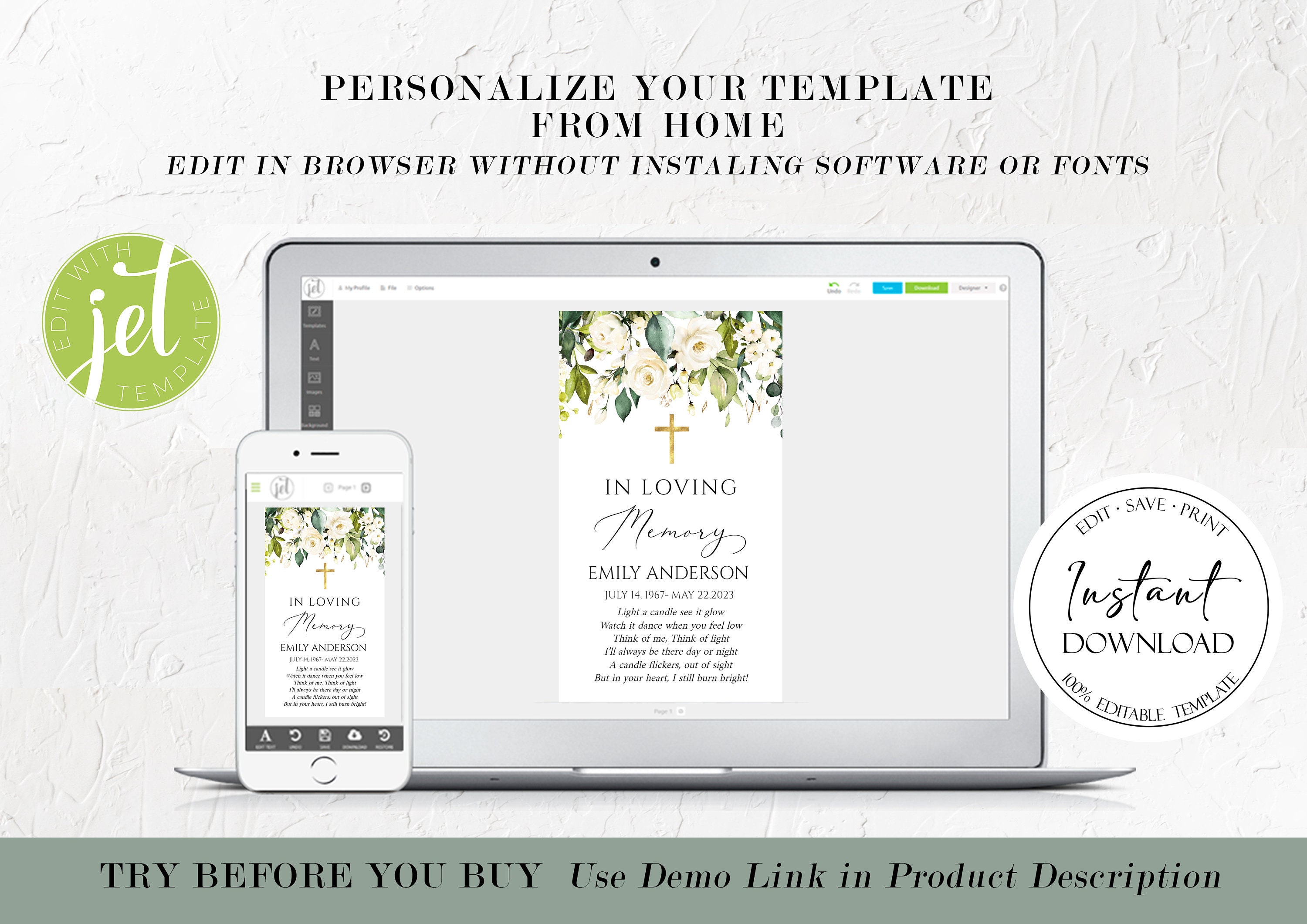 White Greenery Floral Funeral Favor Tag Template Memorial - Etsy