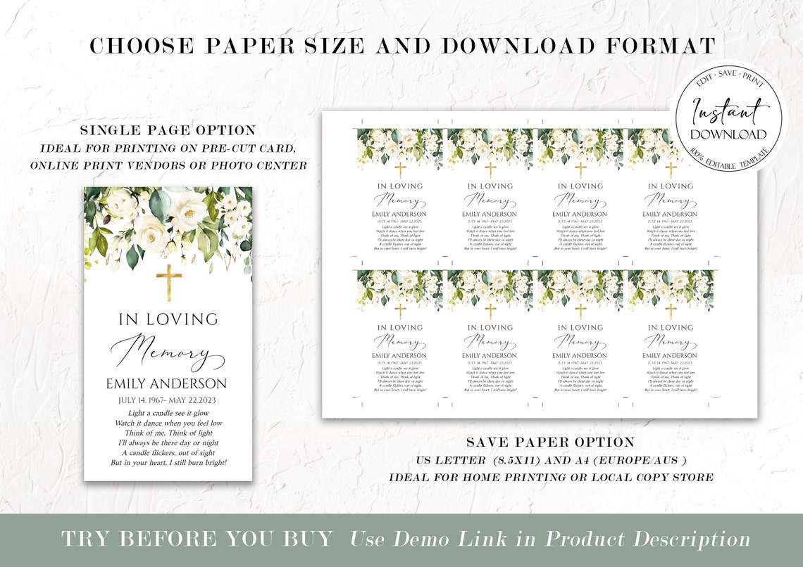 White Greenery Floral Funeral Favor Tag Template Memorial - Etsy