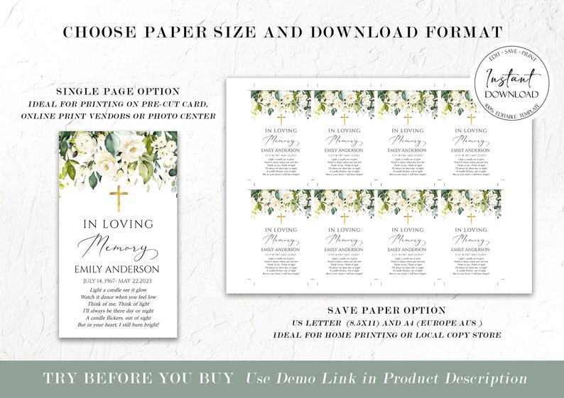 White Greenery Floral Funeral Favor Tag Template Memorial - Etsy