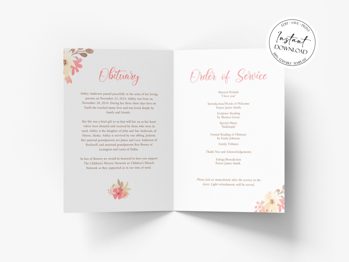 Baby Funeral Program Funeral Service Program Template for - Etsy