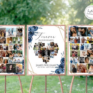 Celebration of Life Funeral Poster, Royal Blue Floral Heart Photo ...