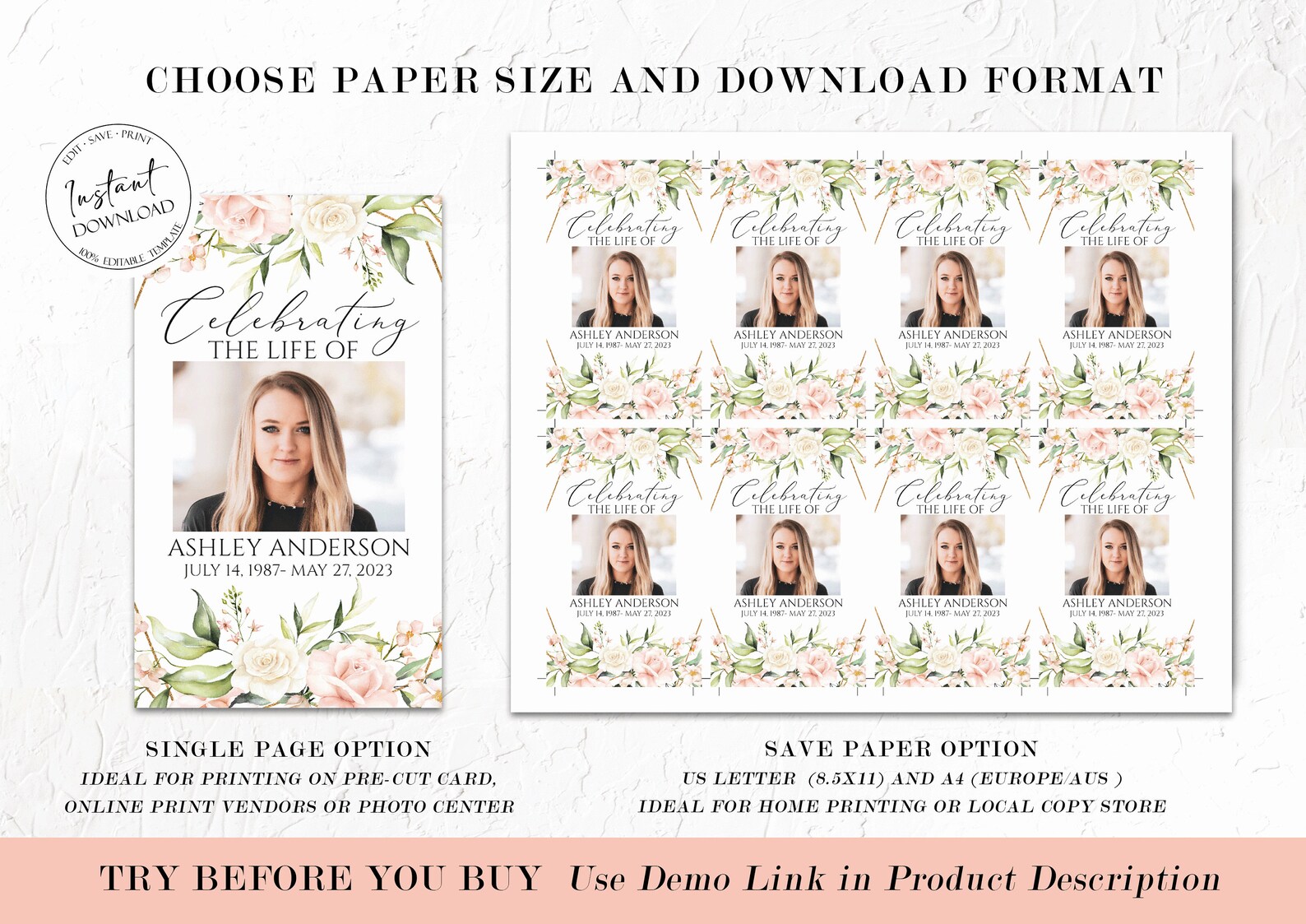 Editable Pink Roses Funeral Prayer Card Template, Printable Memorial ...