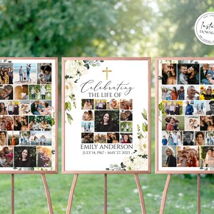 Celebration of Life Funeral Poster White Greenery Gold Cross Photo ...