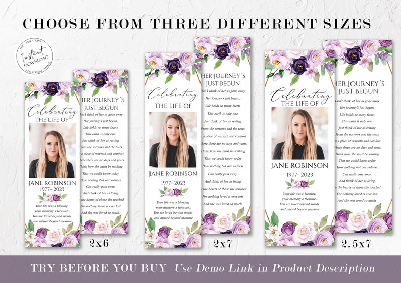 Floral Purple Funeral Bookmark Template Funeral Bookmark - Etsy