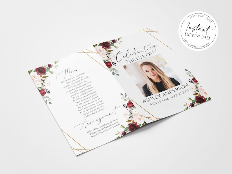 Celebration of Life Funeral Program Red Roses Funeral Program - Etsy