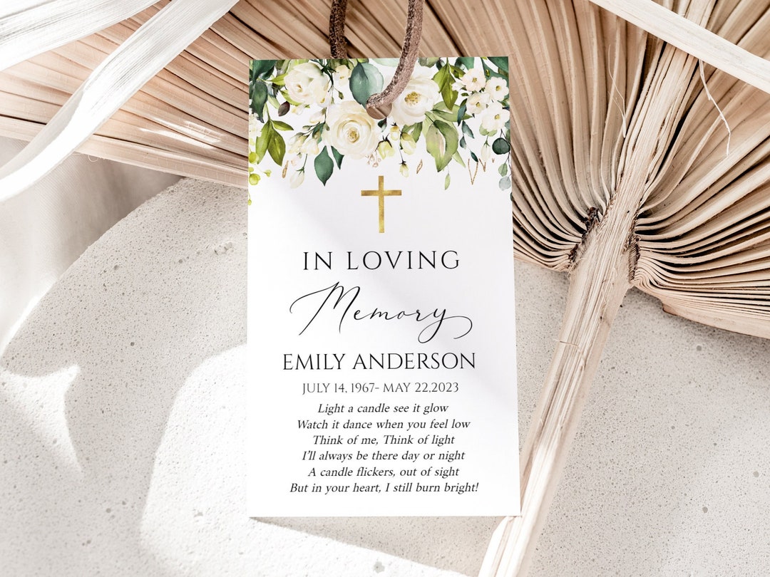 White Greenery Floral Funeral Favor Tag Template, Memorial Candle Favor ...