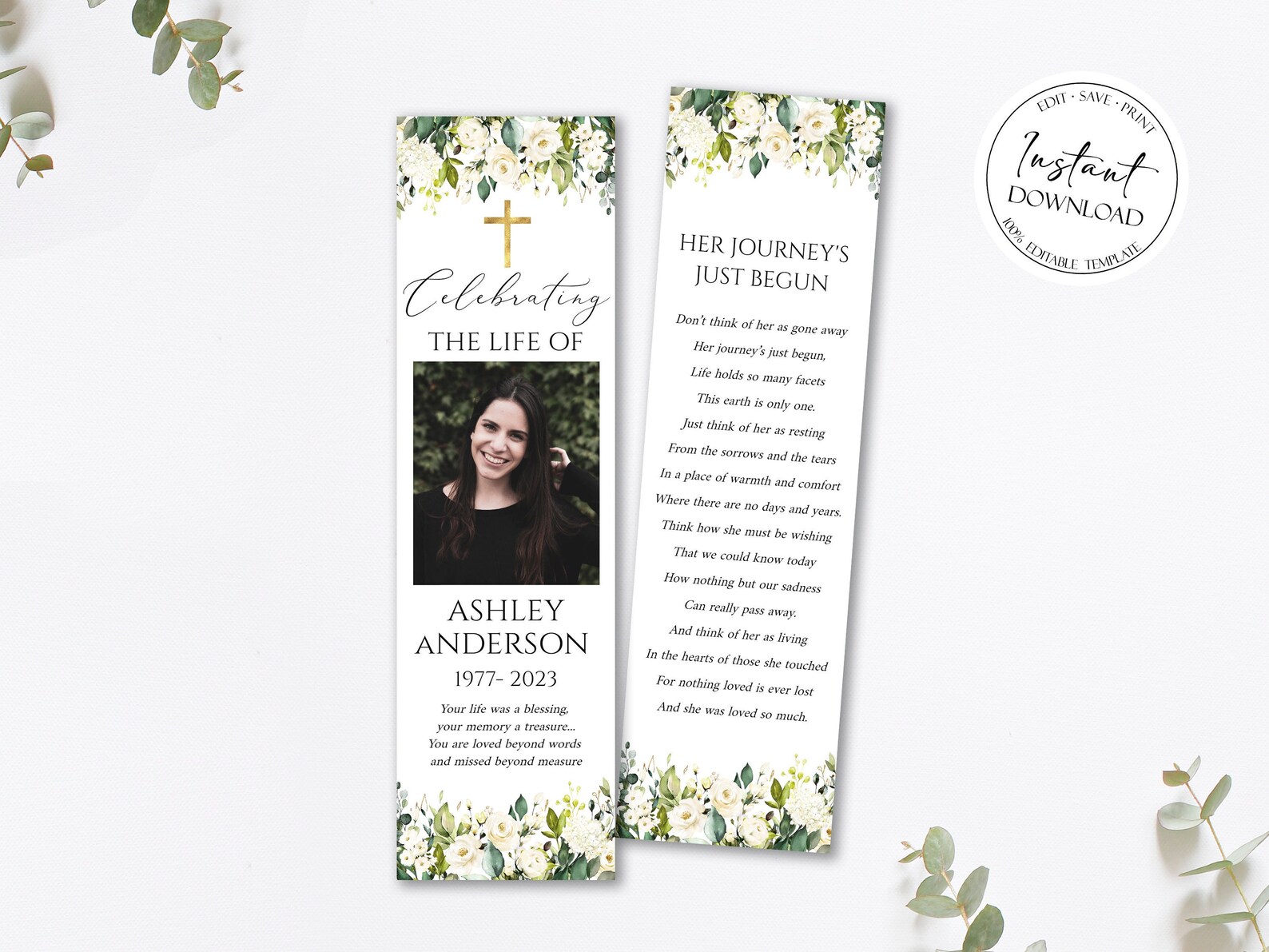 White Greenery Funeral Bookmark Obituary Bookmark Gold Cross - Etsy