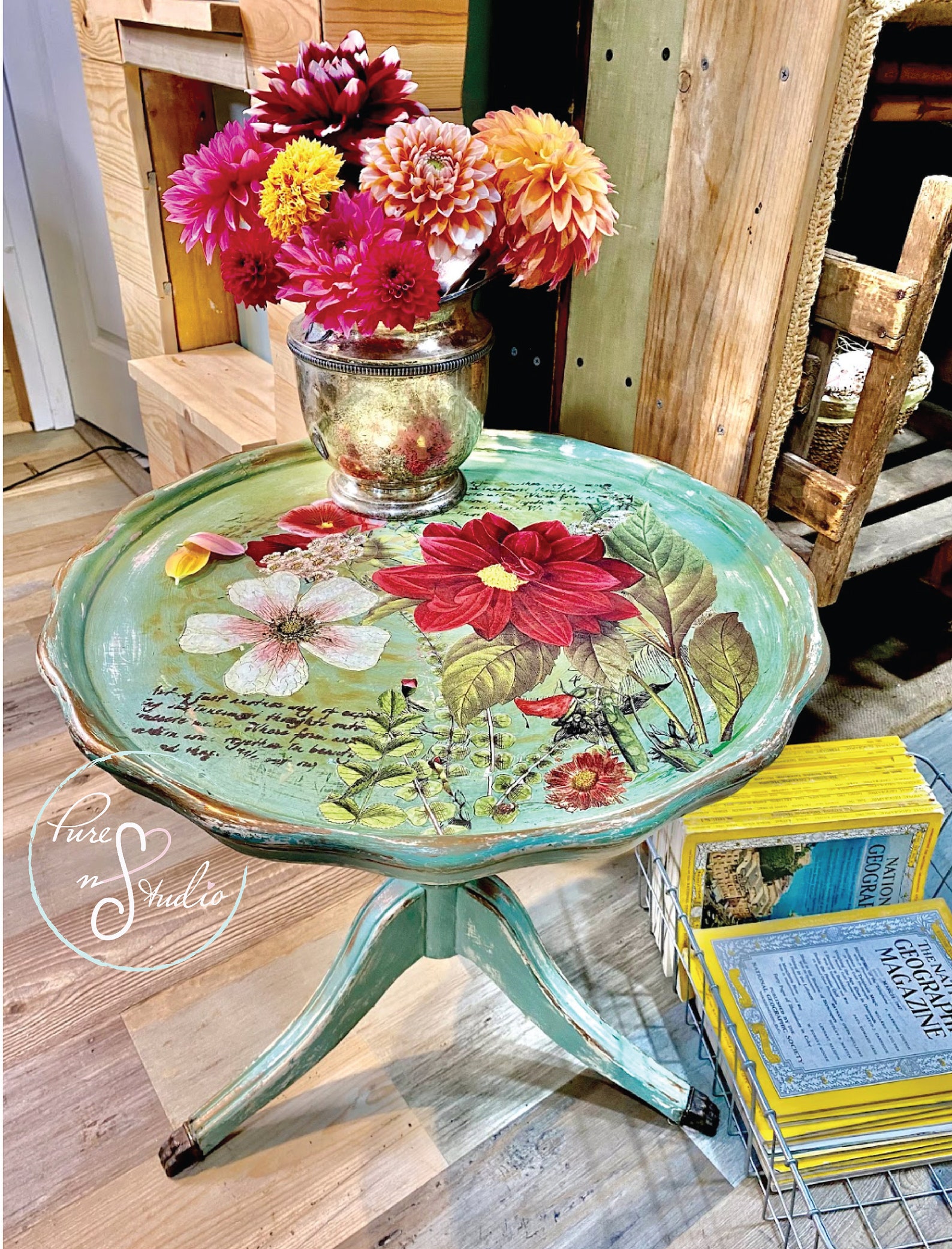 Dilly Dahlia: Antique, Boho-botanical, Mixed Media Side Table - Etsy