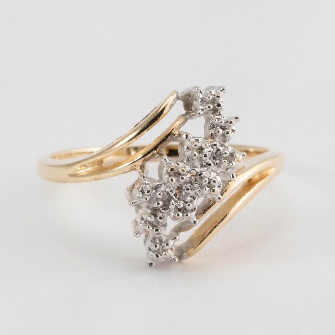 Waterfall Diamond Cluster Ring, 10k Yellow Gold, .05 TCW, Ring Size 6. ...