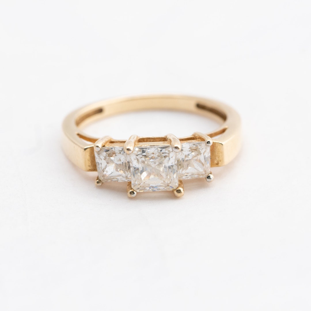 3 Stone CZ Ring, 14k Yellow Gold Ring, Princess Cut CZ Stones, Ring ...