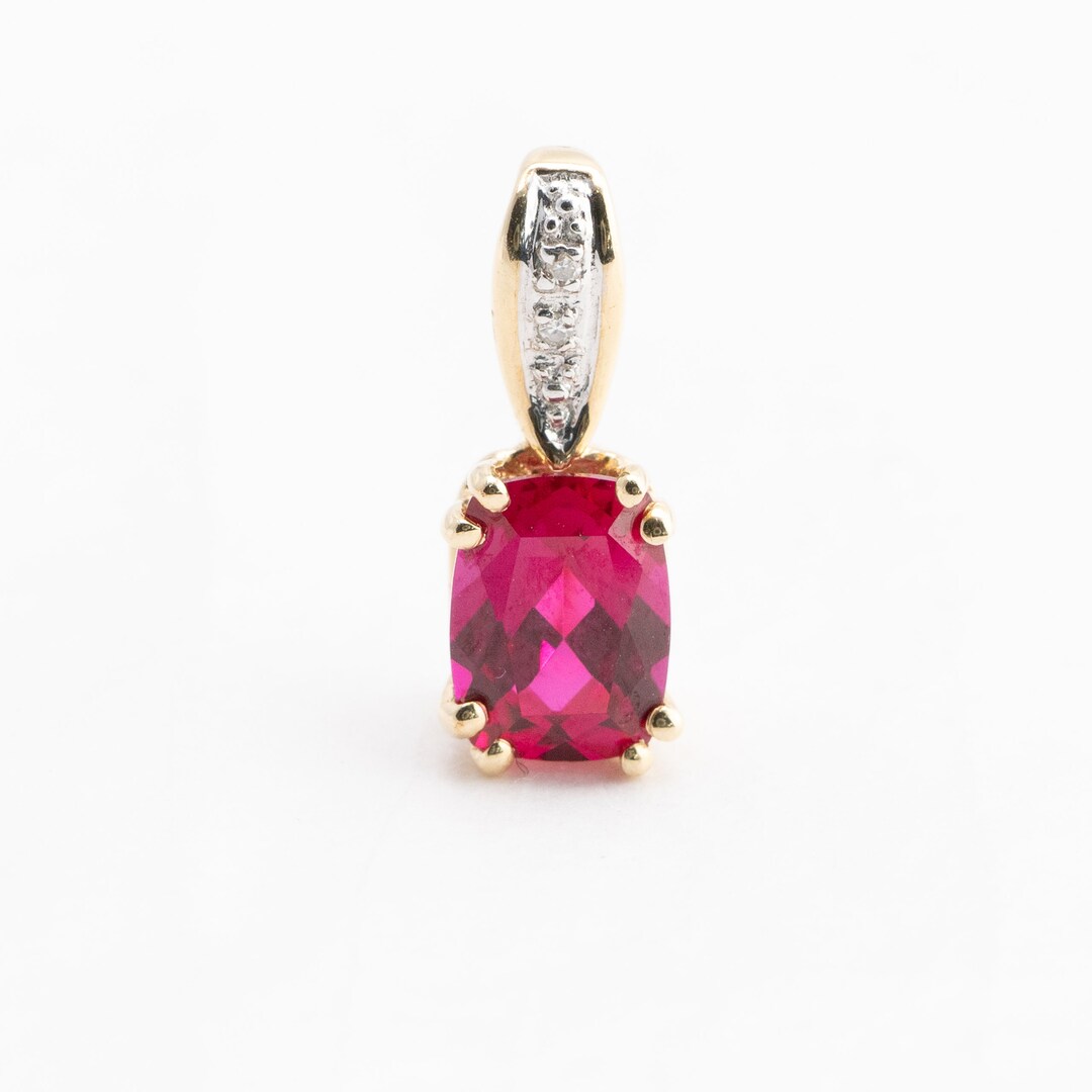 Imitation Ruby Gemstone Pendant With Diamond Accents, 14k Yellow Gold ...