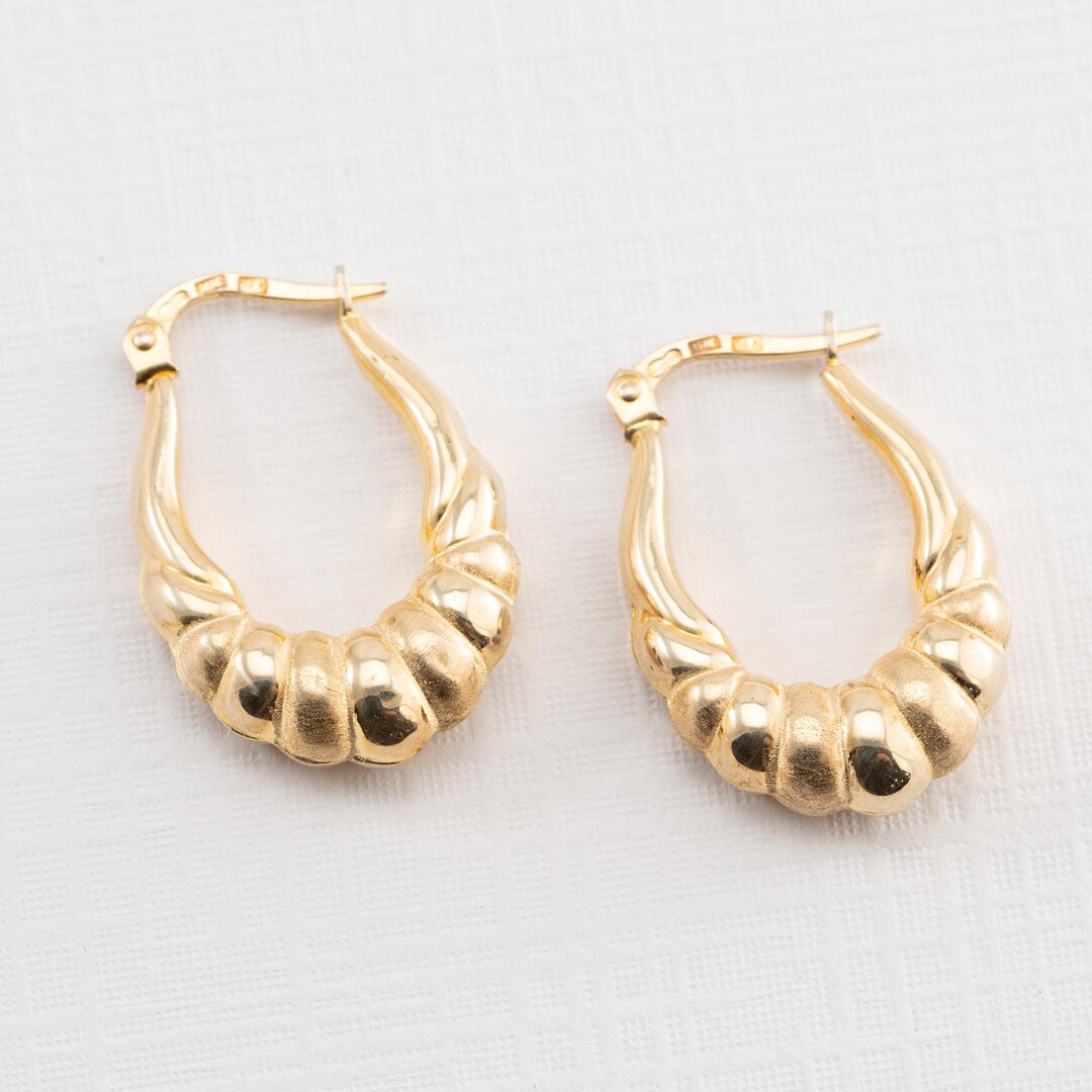 Vintage Hoops 14k Yellow Gold, 1 Inch Drop, Shrimp Hoops, Scallop Hoops ...
