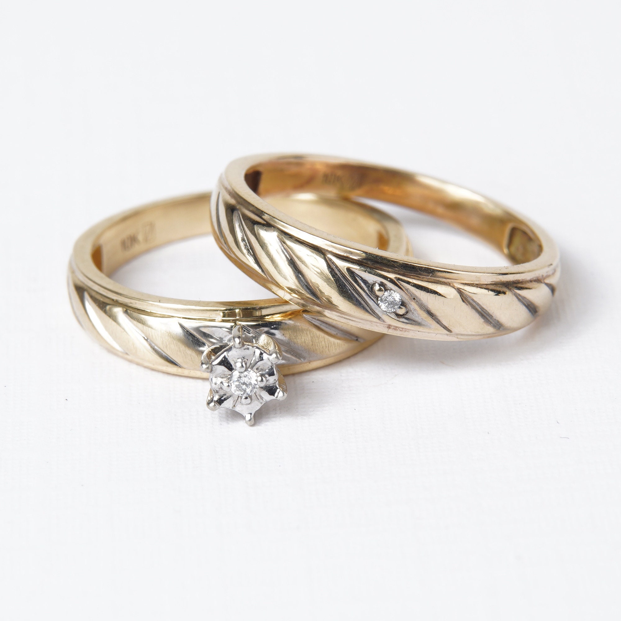 Diamond engagement ring set 10k yellow gold Size 7 Mata | Etsy